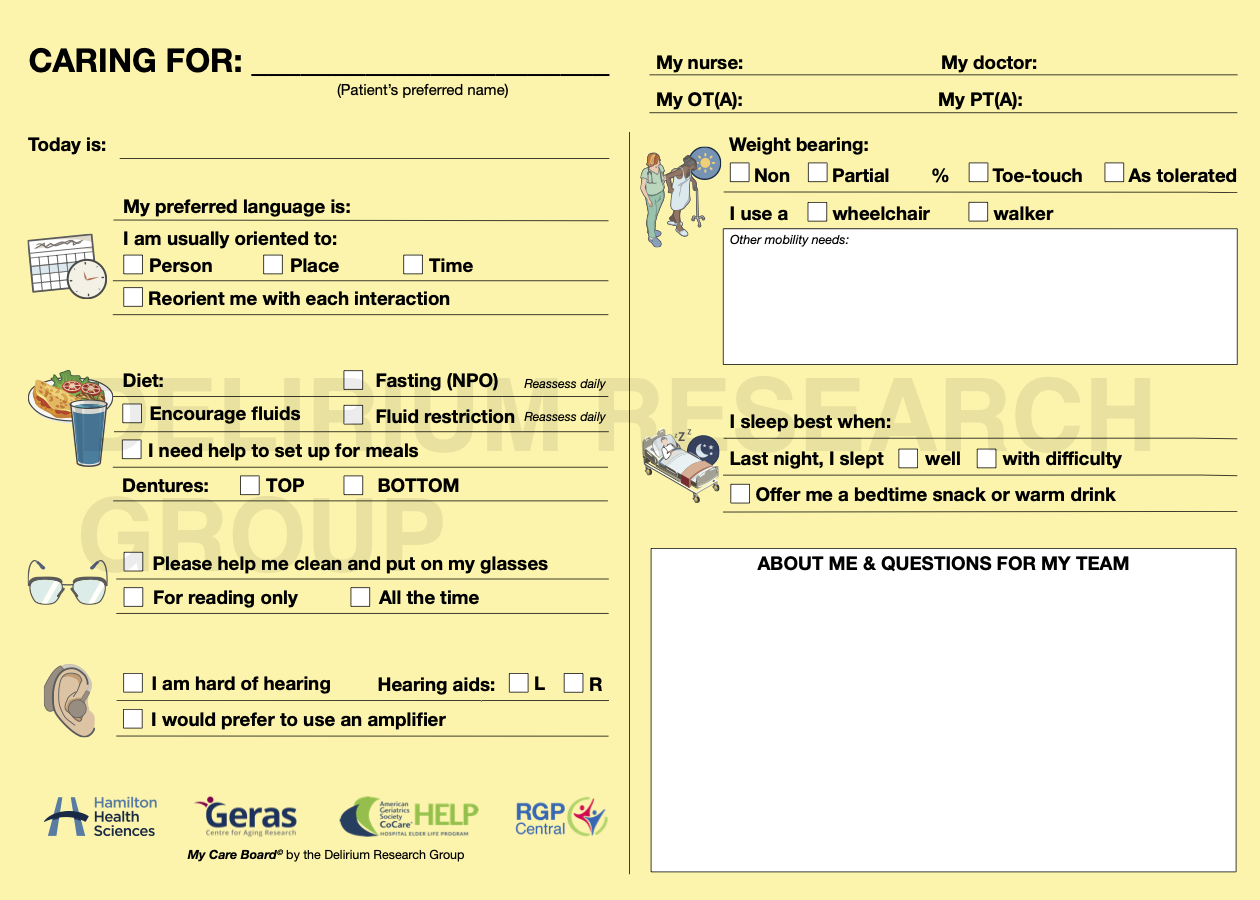 My Care Board© by the Delirium Research Group | Research | GERAS Centre ...